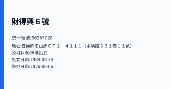 財得興6號的照片-統編 66257728(宜蘭縣) 公司登記資料與營業項目詳細圖表