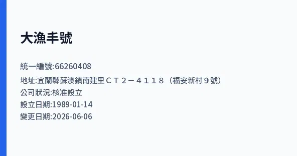 大漁丰號的照片-統編 66260408(宜蘭縣) 公司登記資料與營業項目詳細圖表