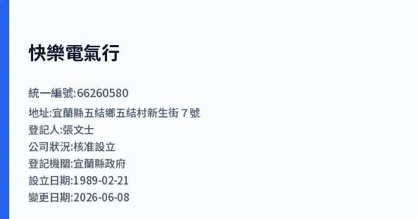 快樂電氣行的照片-統編 66260580(宜蘭縣) 公司登記資料與營業項目詳細圖表