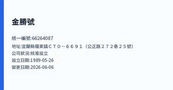 金勝號的照片-統編 66264087(宜蘭縣) 公司登記資料與營業項目詳細圖表