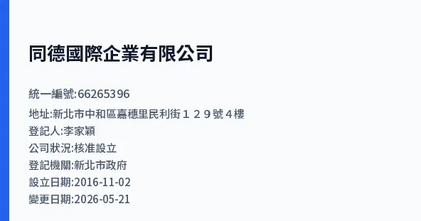 同德國際企業有限公司的照片-統編 66265396(新北市) 公司登記資料與營業項目詳細圖表