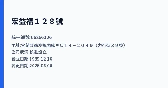 宏益福128號的照片-統編 66266326(宜蘭縣) 公司登記資料與營業項目詳細圖表