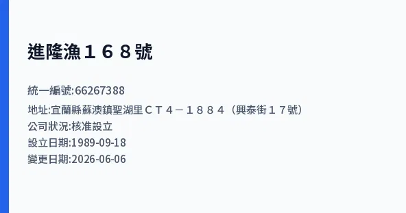 進隆漁168號的照片-統編 66267388(宜蘭縣) 公司登記資料與營業項目詳細圖表