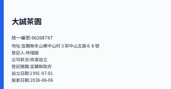 大誠茶園的照片-統編 66268767(宜蘭縣) 公司登記資料與營業項目詳細圖表