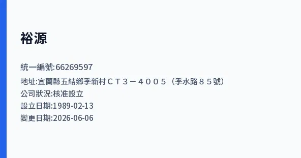 裕源的照片-統編 66269597(宜蘭縣) 公司登記資料與營業項目詳細圖表