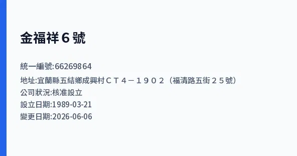 金福祥6號的照片-統編 66269864(宜蘭縣) 公司登記資料與營業項目詳細圖表