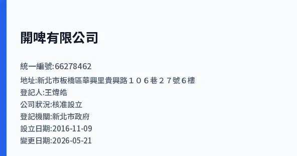 開啤有限公司的照片-統編 66278462(新北市) 公司登記資料與營業項目詳細圖表