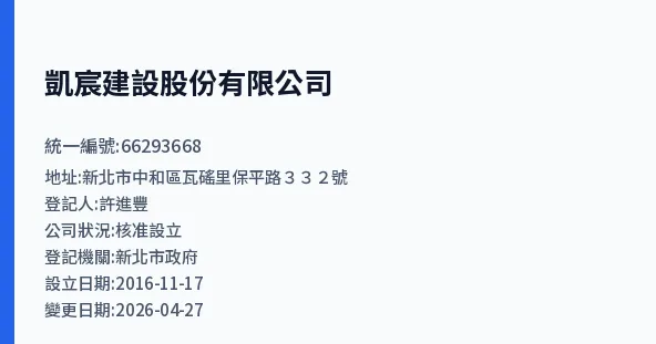 凱宸建設股份有限公司的照片-統編 66293668(新北市) 公司登記資料與營業項目詳細圖表