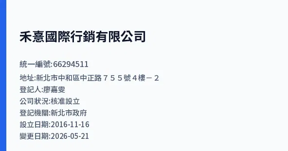 禾憙國際行銷有限公司的照片-統編 66294511(新北市) 公司登記資料與營業項目詳細圖表