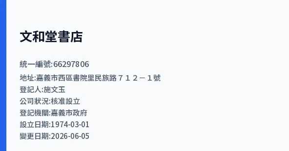 文和堂書店的照片-統編 66297806(嘉義市) 公司登記資料與營業項目詳細圖表