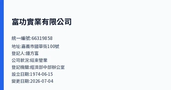富功實業有限公司的照片-統編 66319858(嘉義市) 公司登記資料與營業項目詳細圖表