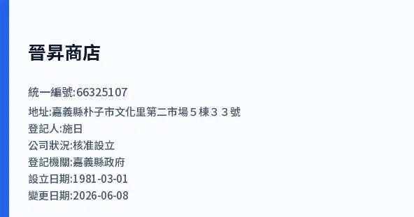 晉昇商店的照片-統編 66325107(嘉義縣) 公司登記資料與營業項目詳細圖表