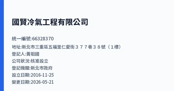 國賢冷氣工程有限公司的照片-統編 66328370(新北市) 公司登記資料與營業項目詳細圖表