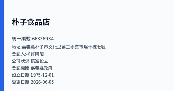 朴子食品店的照片-統編 66336934(嘉義縣) 公司登記資料與營業項目詳細圖表