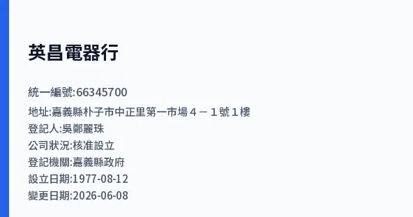 英昌電器行的照片-統編 66345700(嘉義縣) 公司登記資料與營業項目詳細圖表