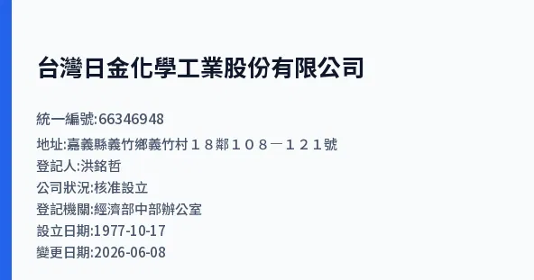 台灣日金化學工業股份有限公司的照片-統編 66346948(嘉義縣) 公司登記資料與營業項目詳細圖表