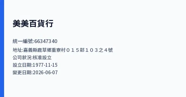 美美百貨行的照片-統編 66347340(嘉義縣) 公司登記資料與營業項目詳細圖表