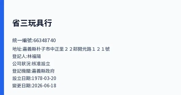 省三玩具行的照片-統編 66348740(嘉義縣) 公司登記資料與營業項目詳細圖表