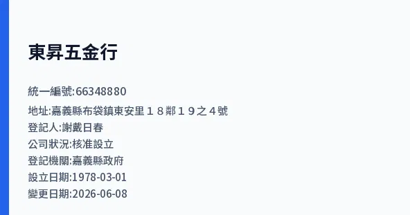 東昇五金行的照片-統編 66348880(嘉義縣) 公司登記資料與營業項目詳細圖表