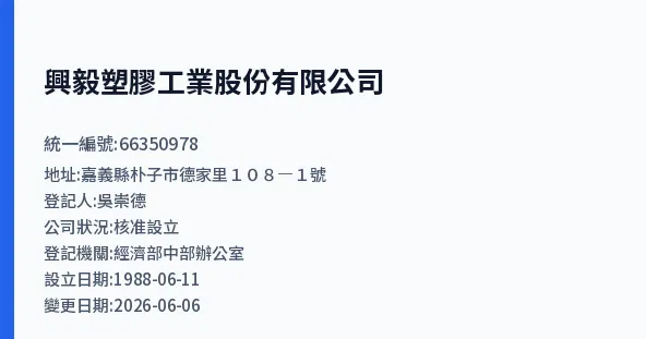 興毅塑膠工業股份有限公司的照片-統編 66350978(嘉義縣) 公司登記資料與營業項目詳細圖表