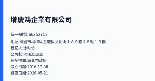 增慶鴻企業有限公司的照片-統編 66352758(桃園市) 公司登記資料與營業項目詳細圖表