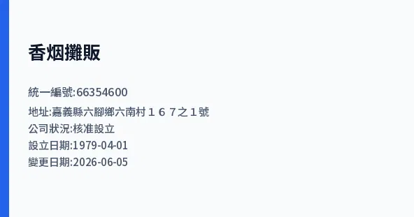 香烟攤販的照片-統編 66354600(嘉義縣) 公司登記資料與營業項目詳細圖表