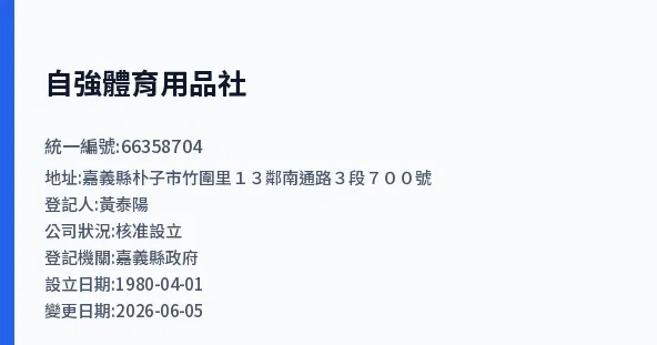 自強體育用品社的照片-統編 66358704(嘉義縣) 公司登記資料與營業項目詳細圖表