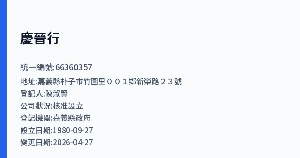 慶晉行的照片-統編 66360357(嘉義縣) 公司登記資料與營業項目詳細圖表