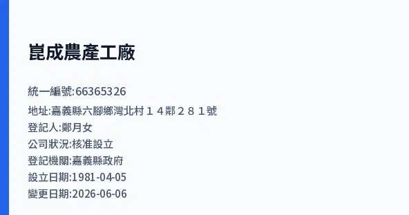崑成農產工廠的照片-統編 66365326(嘉義縣) 公司登記資料與營業項目詳細圖表