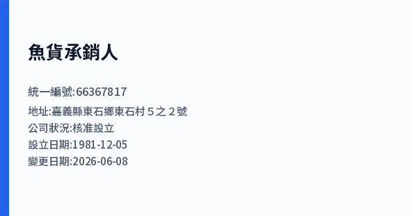魚貨承銷人的照片-統編 66367817(嘉義縣) 公司登記資料與營業項目詳細圖表