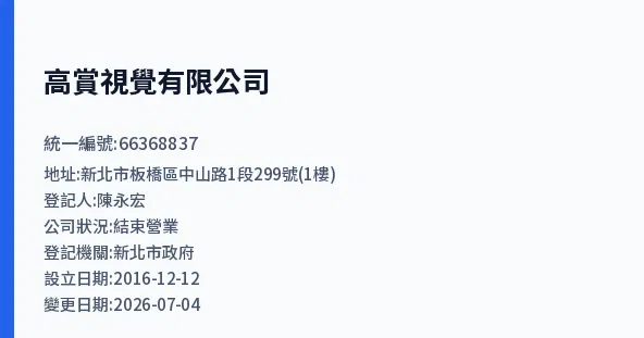 高賞視覺有限公司的照片-統編 66368837(新北市) 公司登記資料與營業項目詳細圖表