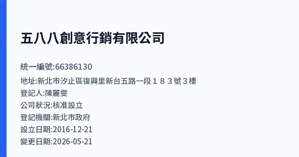 五八八創意行銷有限公司的照片-統編 66386130(新北市) 公司登記資料與營業項目詳細圖表