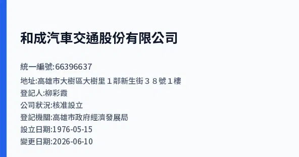 和成汽車交通股份有限公司的照片-統編 66396637(高雄市) 公司登記資料與營業項目詳細圖表