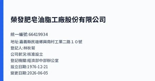 榮發肥皂油脂工廠股份有限公司的照片-統編 66419934(嘉義縣) 公司登記資料與營業項目詳細圖表