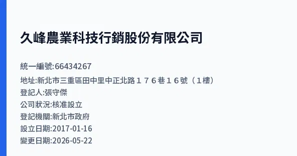 久峰農業科技行銷股份有限公司的照片-統編 66434267(新北市) 公司登記資料與營業項目詳細圖表