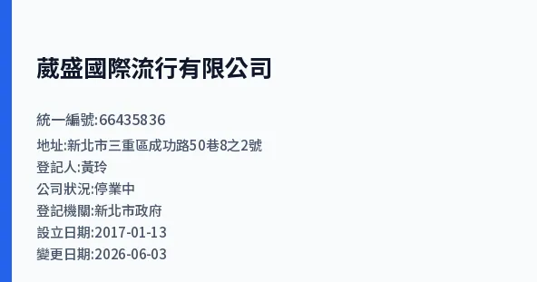 葳盛國際流行有限公司的照片-統編 66435836(新北市) 公司登記資料與營業項目詳細圖表