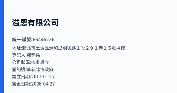 溢恩有限公司的照片-統編 66446236(新北市) 公司登記資料與營業項目詳細圖表