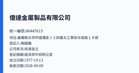 億達金屬製品有限公司的照片-統編 66447615(嘉義縣) 公司登記資料與營業項目詳細圖表