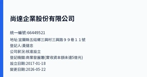 尚達企業股份有限公司的照片-統編 66449521(宜蘭縣) 公司登記資料與營業項目詳細圖表