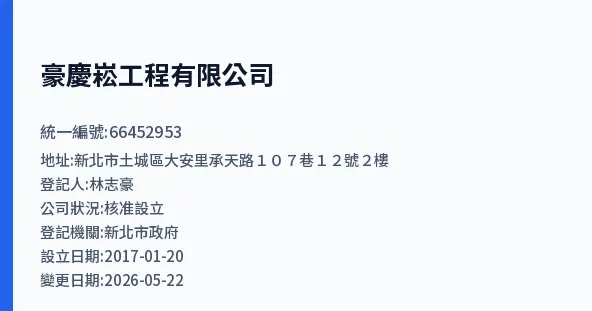 豪慶崧工程有限公司的照片-統編 66452953(新北市) 公司登記資料與營業項目詳細圖表