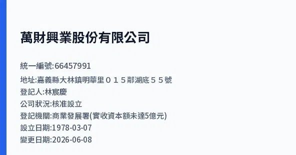 萬財興業股份有限公司的照片-統編 66457991(嘉義縣) 公司登記資料與營業項目詳細圖表