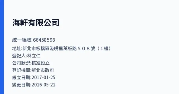 海軒有限公司的照片-統編 66458598(新北市) 公司登記資料與營業項目詳細圖表