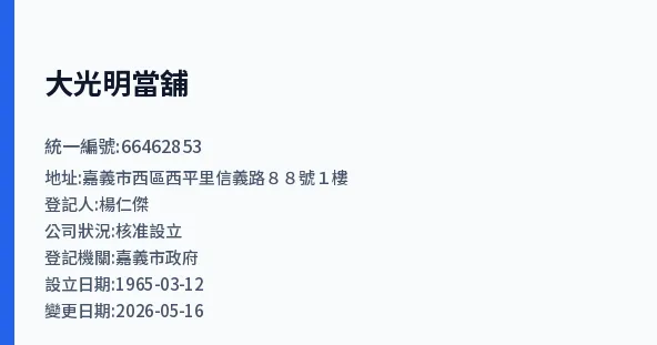 大光明當舖的照片-統編 66462853(嘉義市) 公司登記資料與營業項目詳細圖表