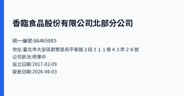 香臨食品股份有限公司北部分公司的照片-統編 66465985(臺北市) 公司登記資料與營業項目詳細圖表