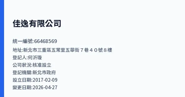 佳逸有限公司的照片-統編 66468569(新北市) 公司登記資料與營業項目詳細圖表