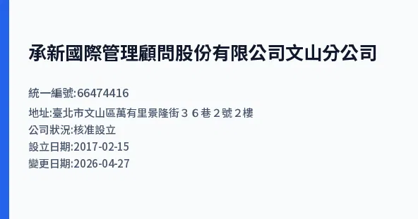 承新國際管理顧問股份有限公司文山分公司的照片-統編 66474416(臺北市) 公司登記資料與營業項目詳細圖表