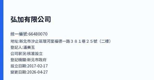 弘加有限公司的照片-統編 66480070(新北市) 公司登記資料與營業項目詳細圖表