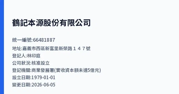 鶴記本源股份有限公司的照片-統編 66481887(嘉義市) 公司登記資料與營業項目詳細圖表
