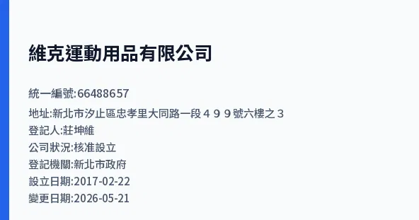 維克運動用品有限公司的照片-統編 66488657(新北市) 公司登記資料與營業項目詳細圖表