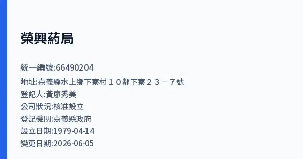 榮興葯局的照片-統編 66490204(嘉義縣) 公司登記資料與營業項目詳細圖表